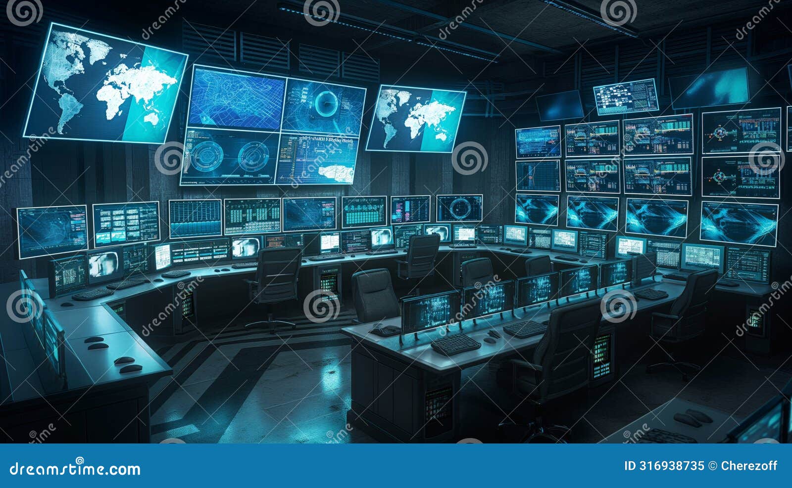 High-Tech Surveillance Control Room Stock Image - Image of center ...