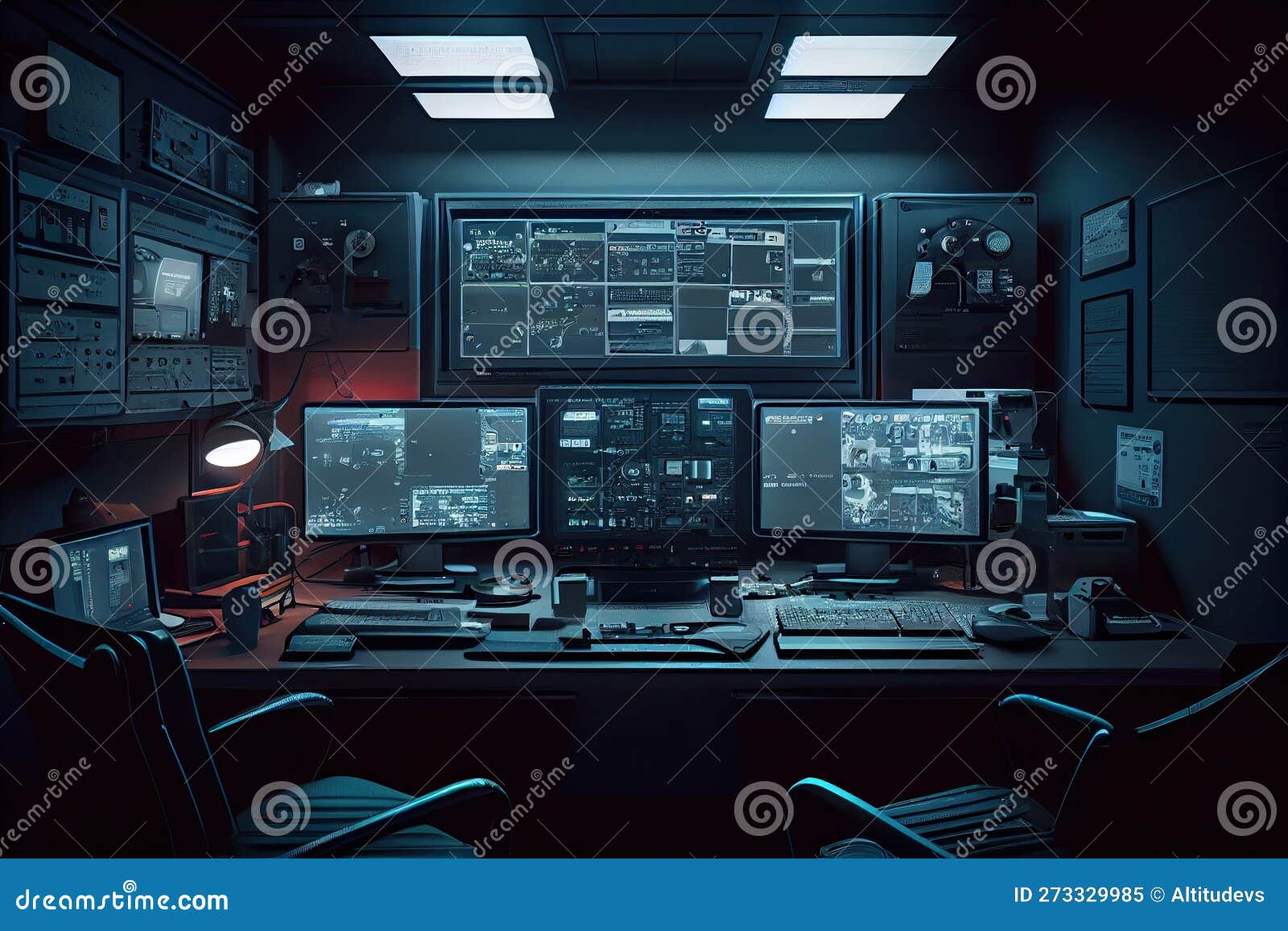 A High-tech Surveillance Room with Multiple Monitors, Keyboards, and ...