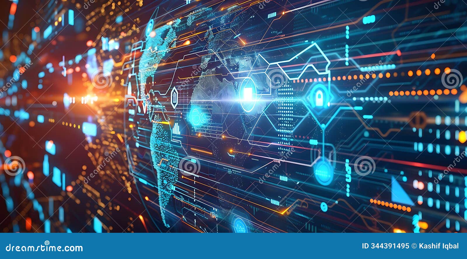 High-tech Symbols Linked To a Glowing Earth, Bright Data Flows Stock ...