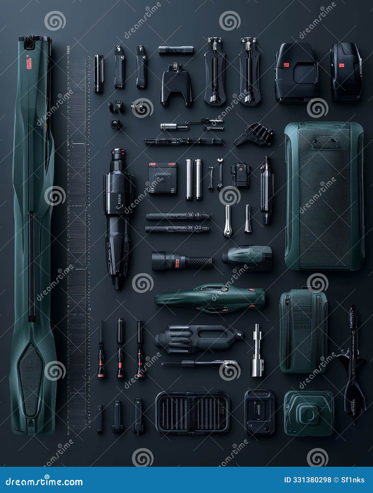 High-tech Tools and Equipment Neatly Arranged on Black Surface. Stock ...
