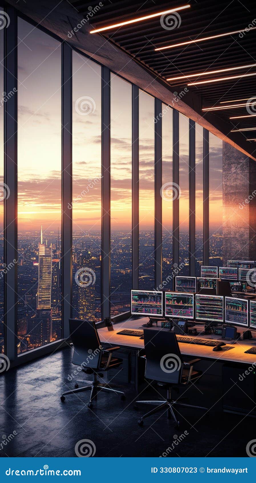 High-tech Trading Office at Sunset with Multiple Screens and Skyline ...