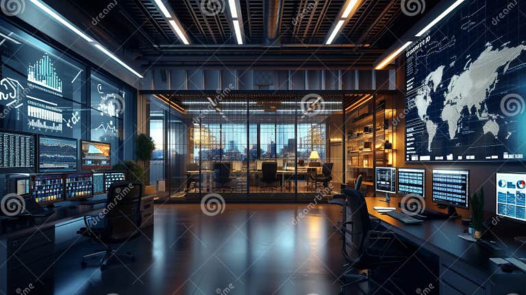 High-tech Trading Workspace with Glass-walled Office Stock Image ...