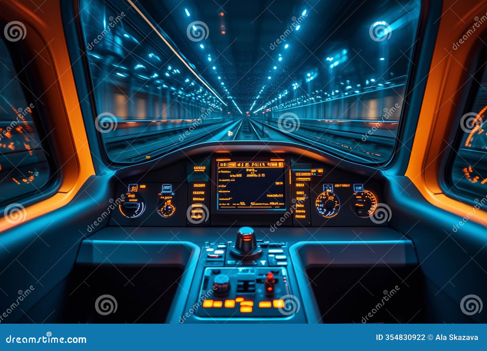 High-tech Train Cockpit with Neon Lighting and Dynamic Tunnel ...
