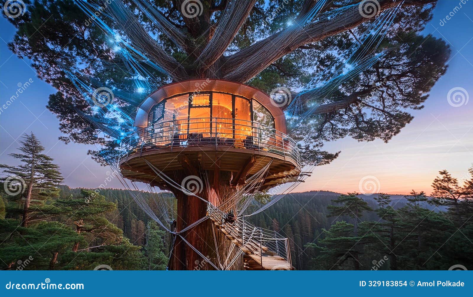 A High-tech Treehouse with Branches Integrated into Glowing Electric ...