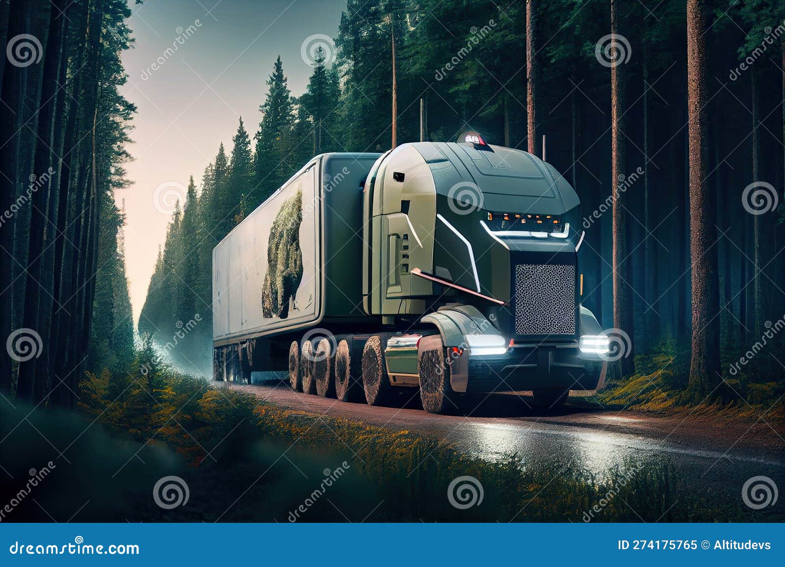 High-tech Truck with Driverless Technology, Navigating Forest Road at ...