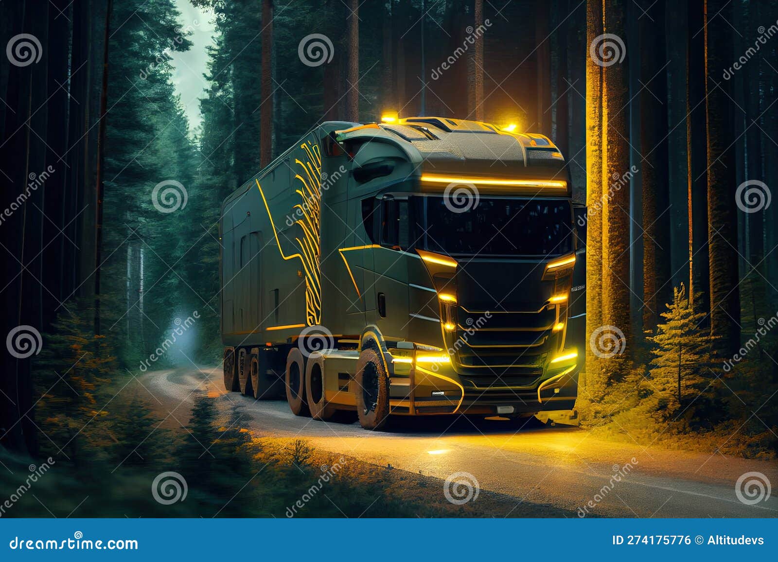 High-tech Truck with Driverless Technology, Navigating Forest Road at ...