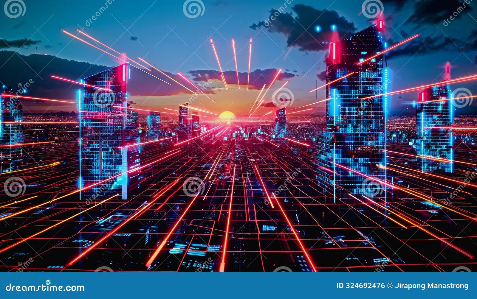 High-tech Urban Skyline at Night with Neon Lights and Digital Wave ...