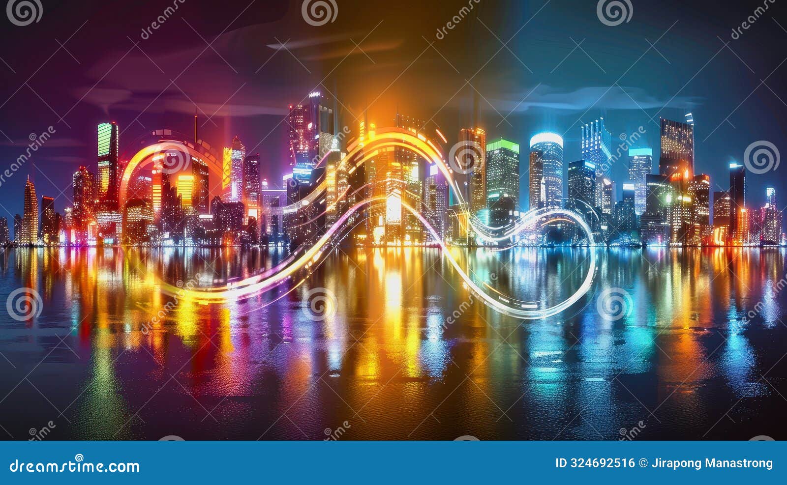 High-tech Urban Skyline at Night with Neon Lights and Digital Wave ...
