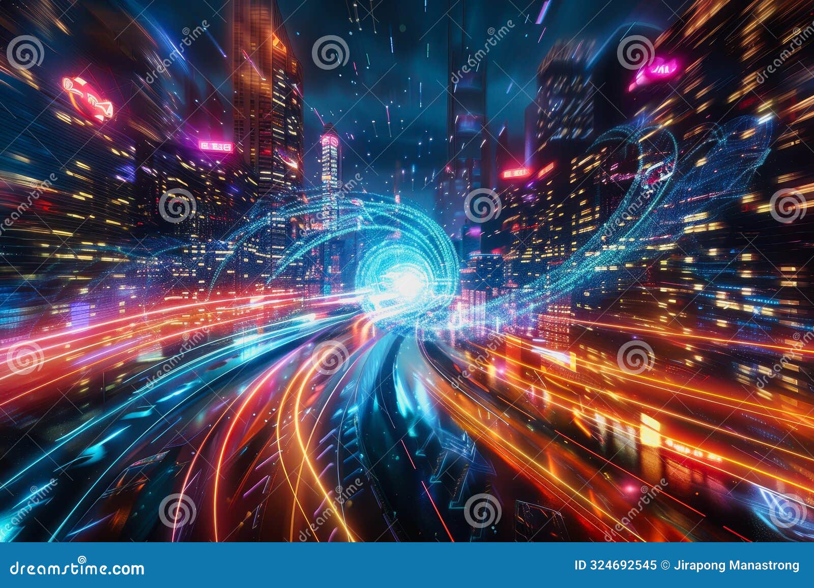 High-tech Urban Skyline at Night with Neon Lights and Digital Wave ...