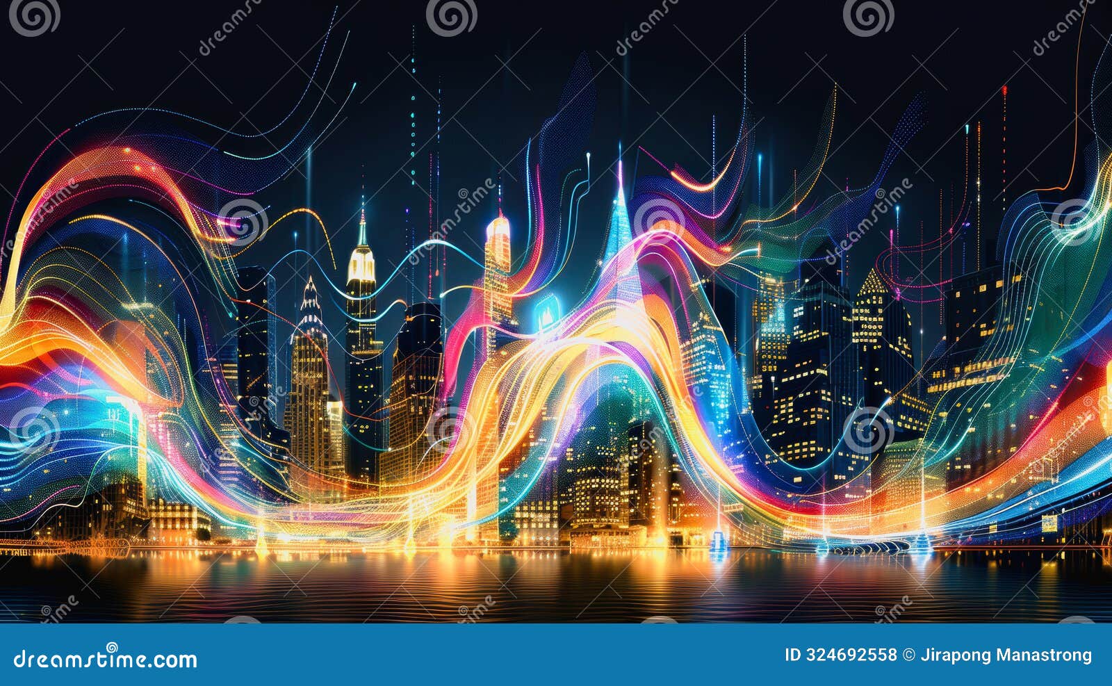 High-tech Urban Skyline at Night with Neon Lights and Digital Wave ...