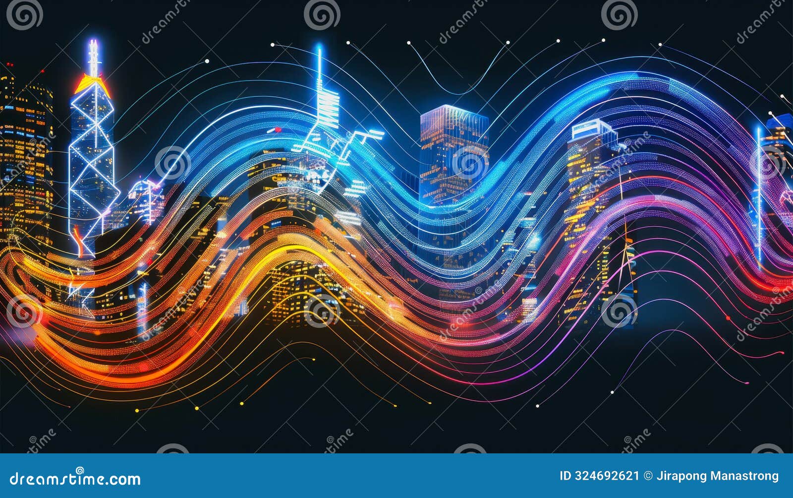 High-tech Urban Skyline at Night with Neon Lights and Digital Wave ...