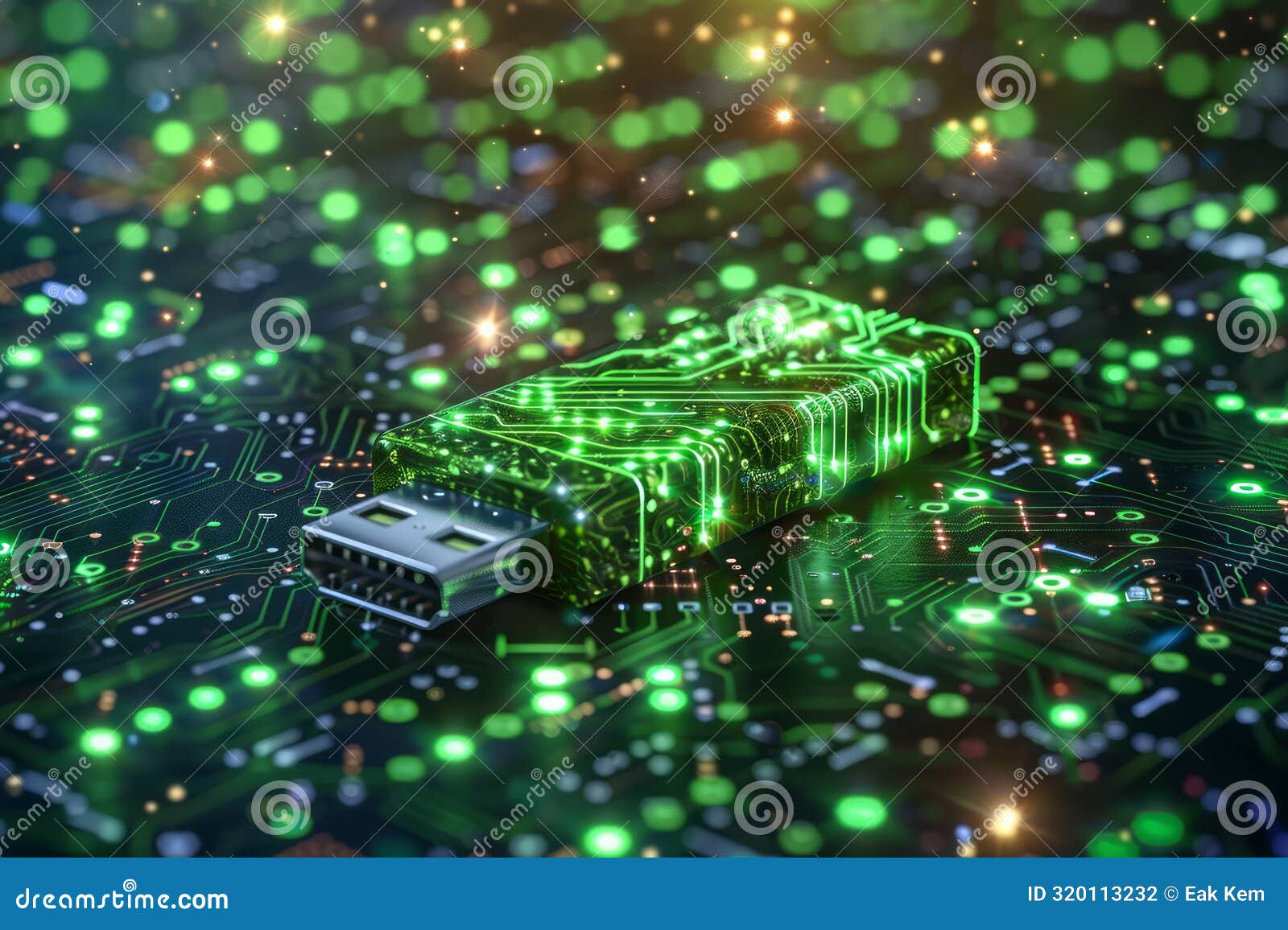 High Tech USB Flash Drive with Glowing Green Circuitry on a Motherboard ...
