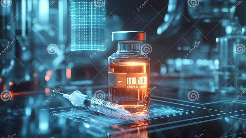 High-tech Vaccine Vial and Syringe Highlighted in a Modern Lab Setting ...