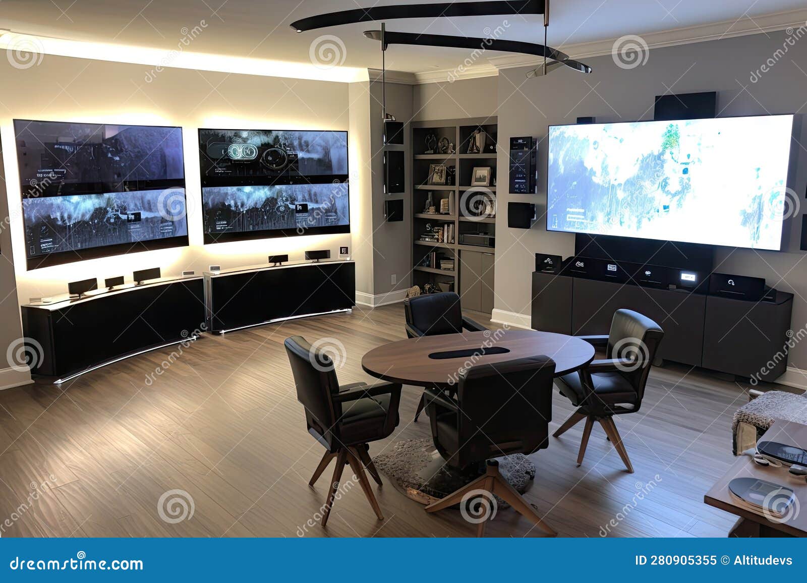 High-tech Video Conference Setup, with Multiple Screens and Speakers ...