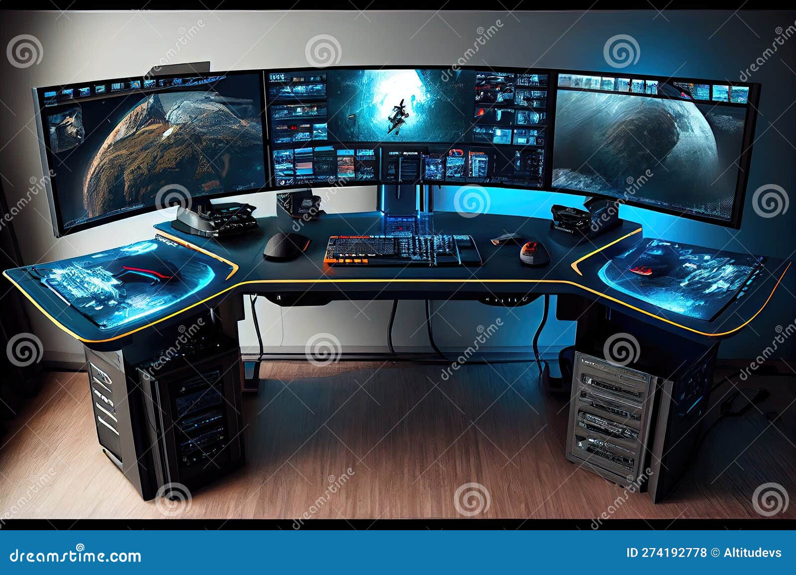 High-tech Video Gaming Desk with Multiple Monitors and Fast Computer ...
