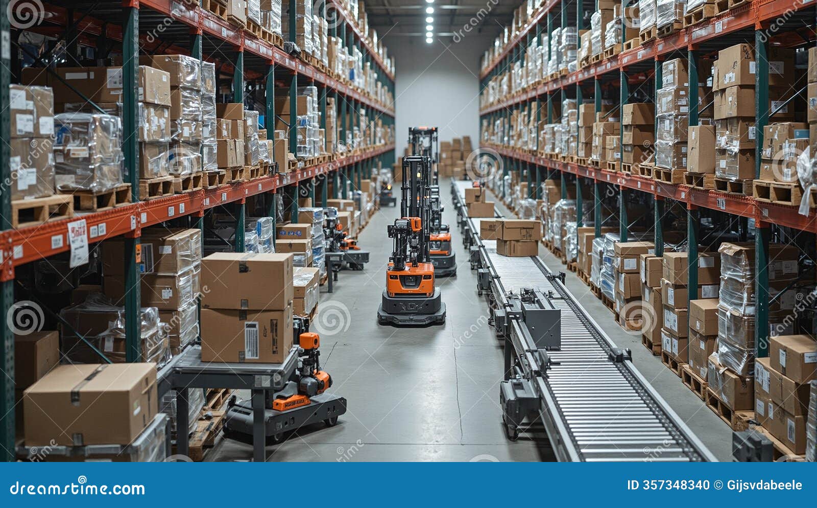 High Tech Warehouse with Robots on Conveyor Belts and Stocked Shelves ...