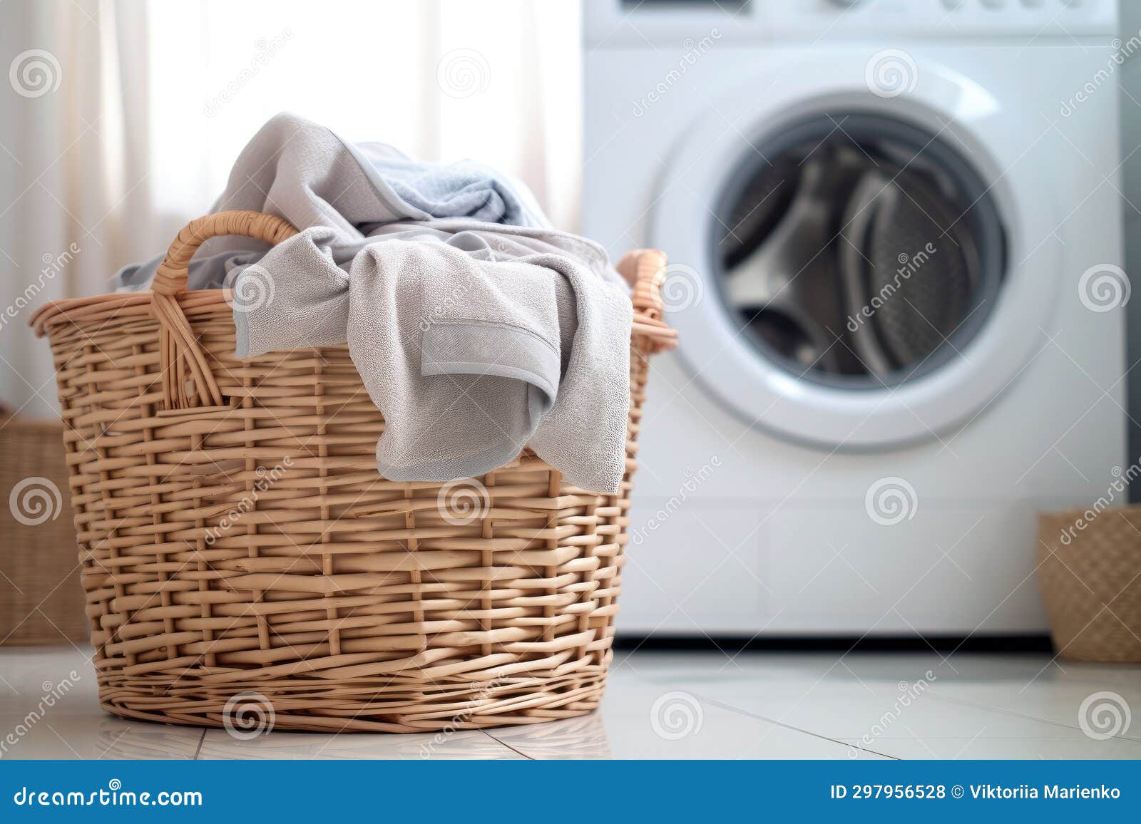 A High-tech Washer Paired with a Wicker Laundry Basket Stock ...