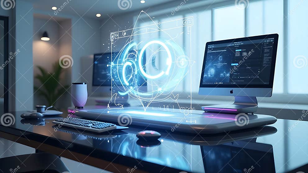 A High-tech Workspace with Augmented Reality Holograms Projected in Mid ...