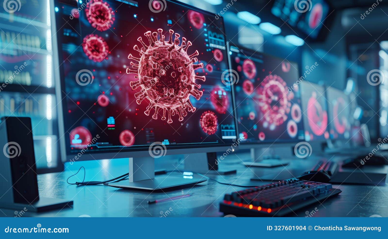 High-tech Workspace with Computer Monitors Displaying Virus Cells ...