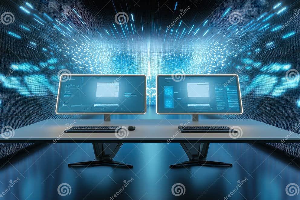 High-tech Workspace Featuring Dual Monitors with Digital Data Visualization in Modern Office ...