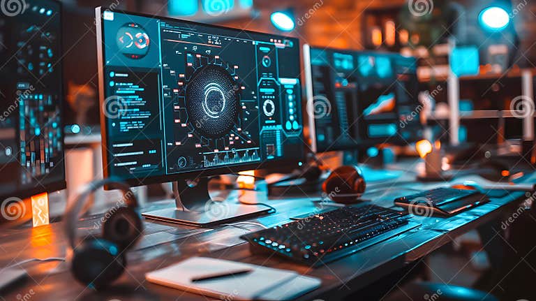 High-tech Workspace with Multiple Monitors Displaying Futuristic ...