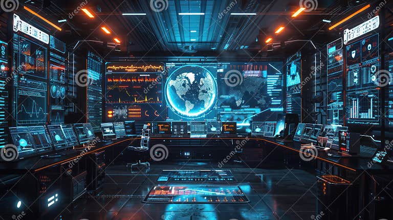 A High-tech Workspace with Multiple Screens Displaying Cybersecurity Data Stock Photo - Image of ...