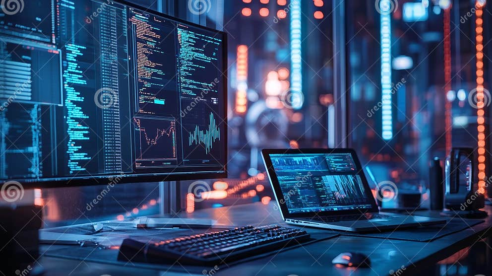 High Tech Workstation With Data And Coding On Multiple Screens Stock Image Image Of Futuristic