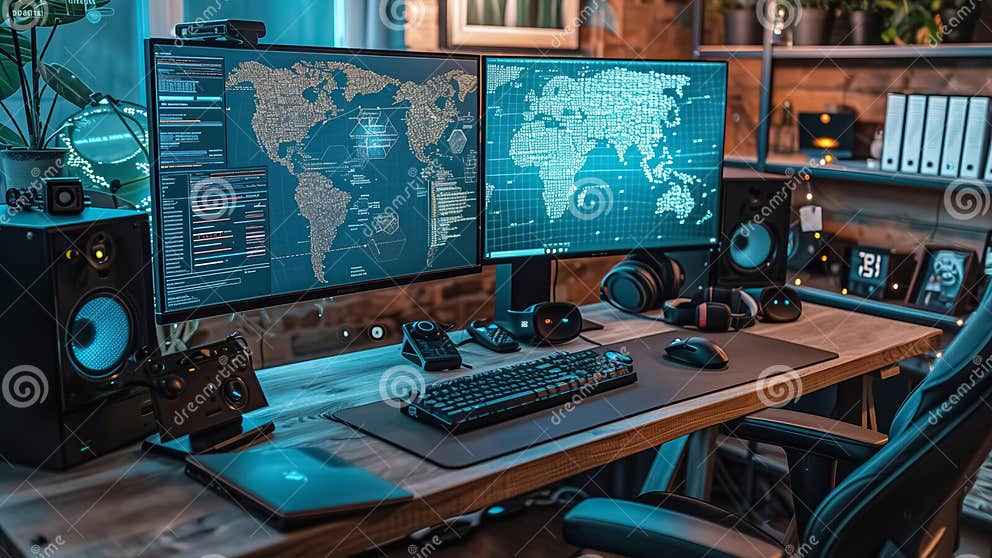 High-tech Workstation with World Maps and Data Analysis on Dual ...