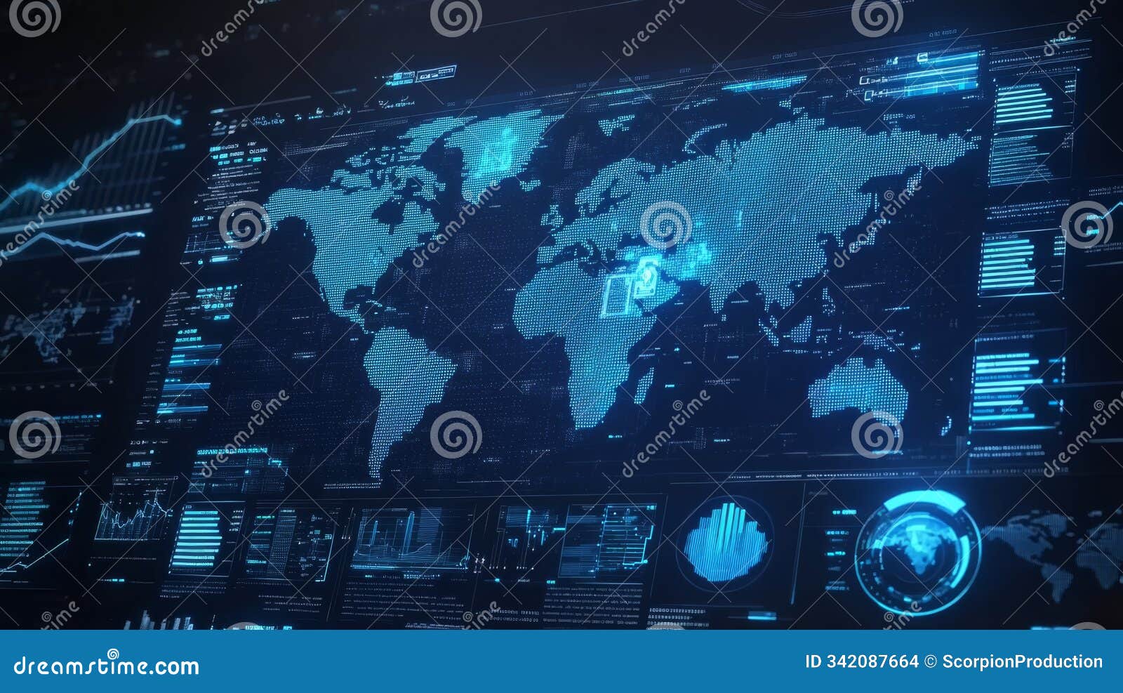 High-tech World Map Interface with Data Graphs and Analytics Stock ...