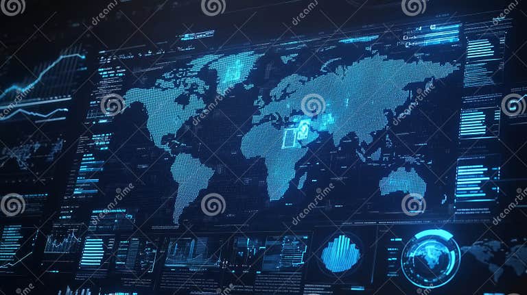 High-tech World Map Interface with Data Graphs and Analytics Stock ...