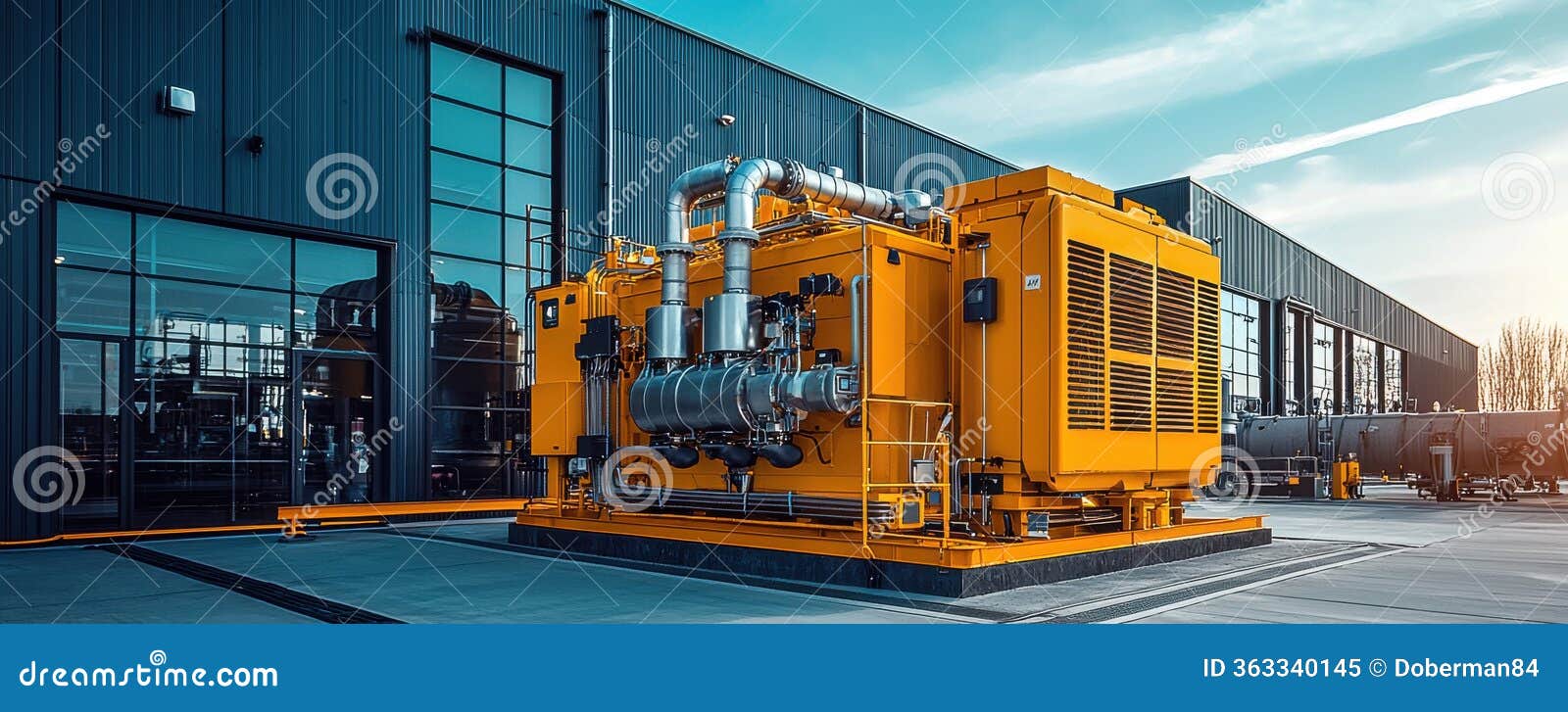 High-tech Yellow Biogas Engine in Industrial Setting at Sunset Stock ...