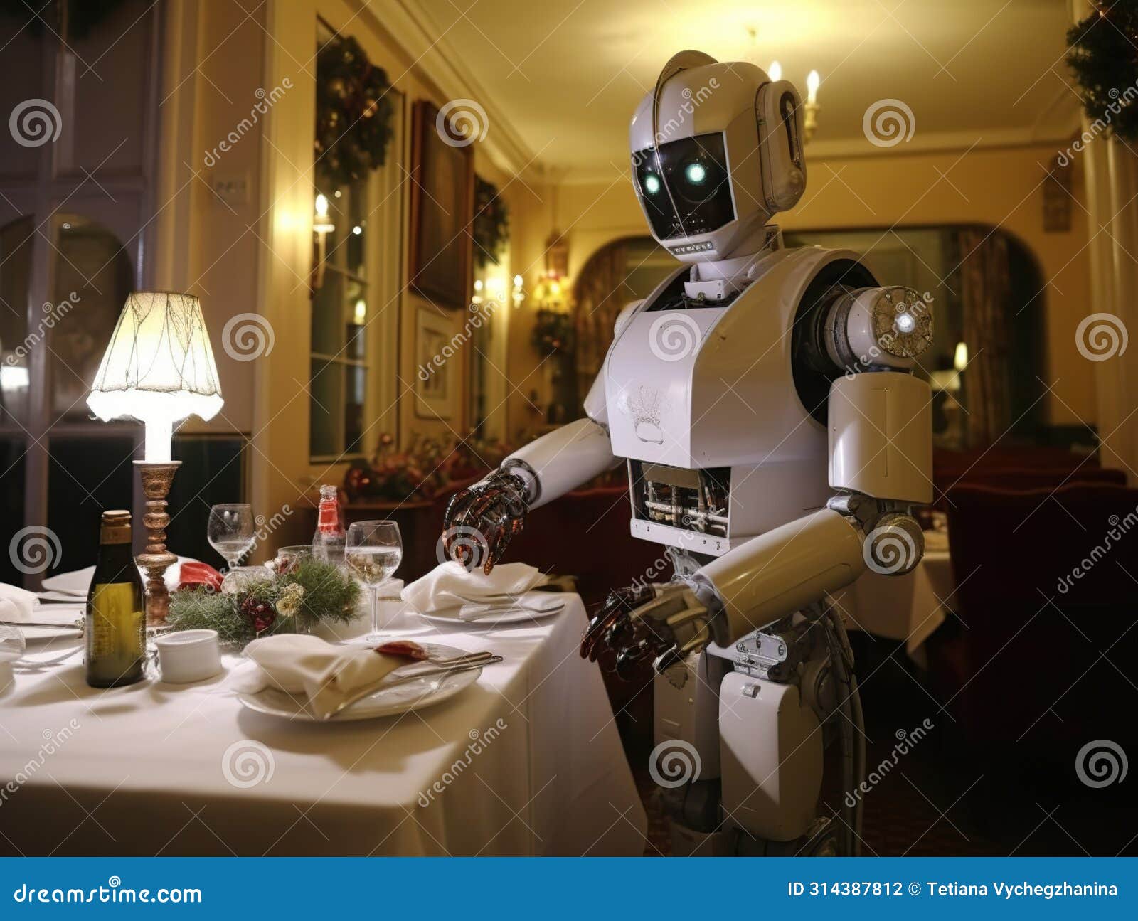 High Technology Modern Android Robot Serves the Table in the Restaurunt ...
