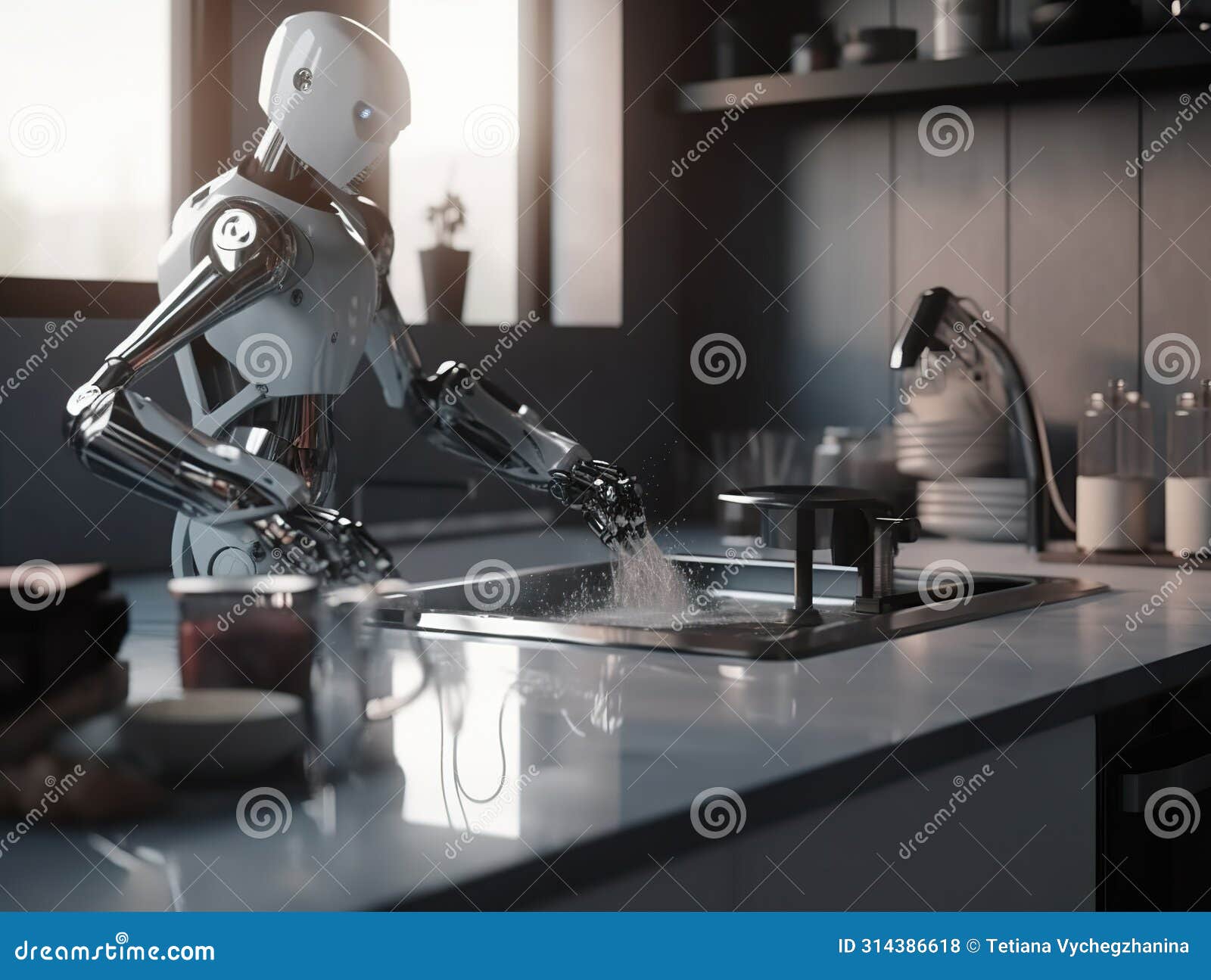 High Technology Modern Android Robot Washing Dishes in Kitchen Stock ...
