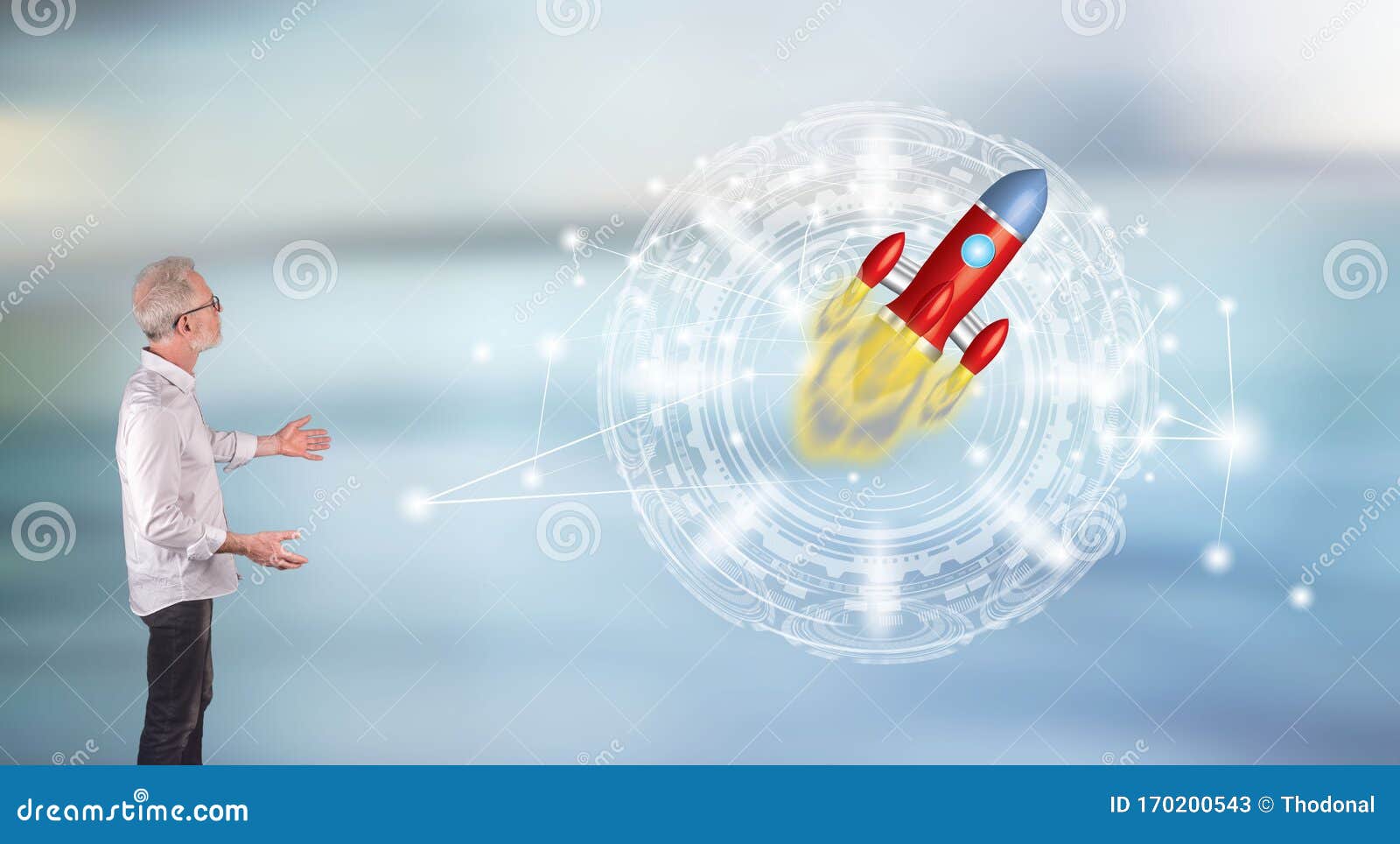 A High Technology Startup Explained by a Businessman on a Wall Screen ...