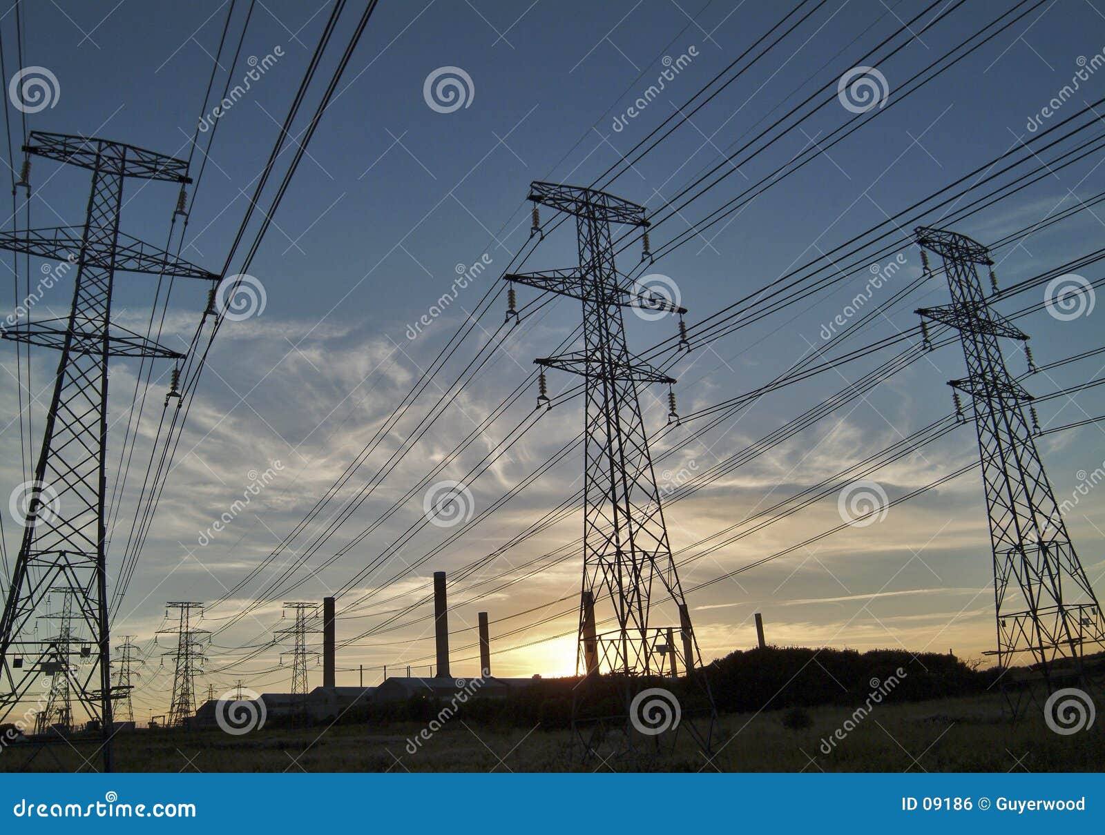 High tension power stock photo. Image of wires, sunrise, chimney - 9186