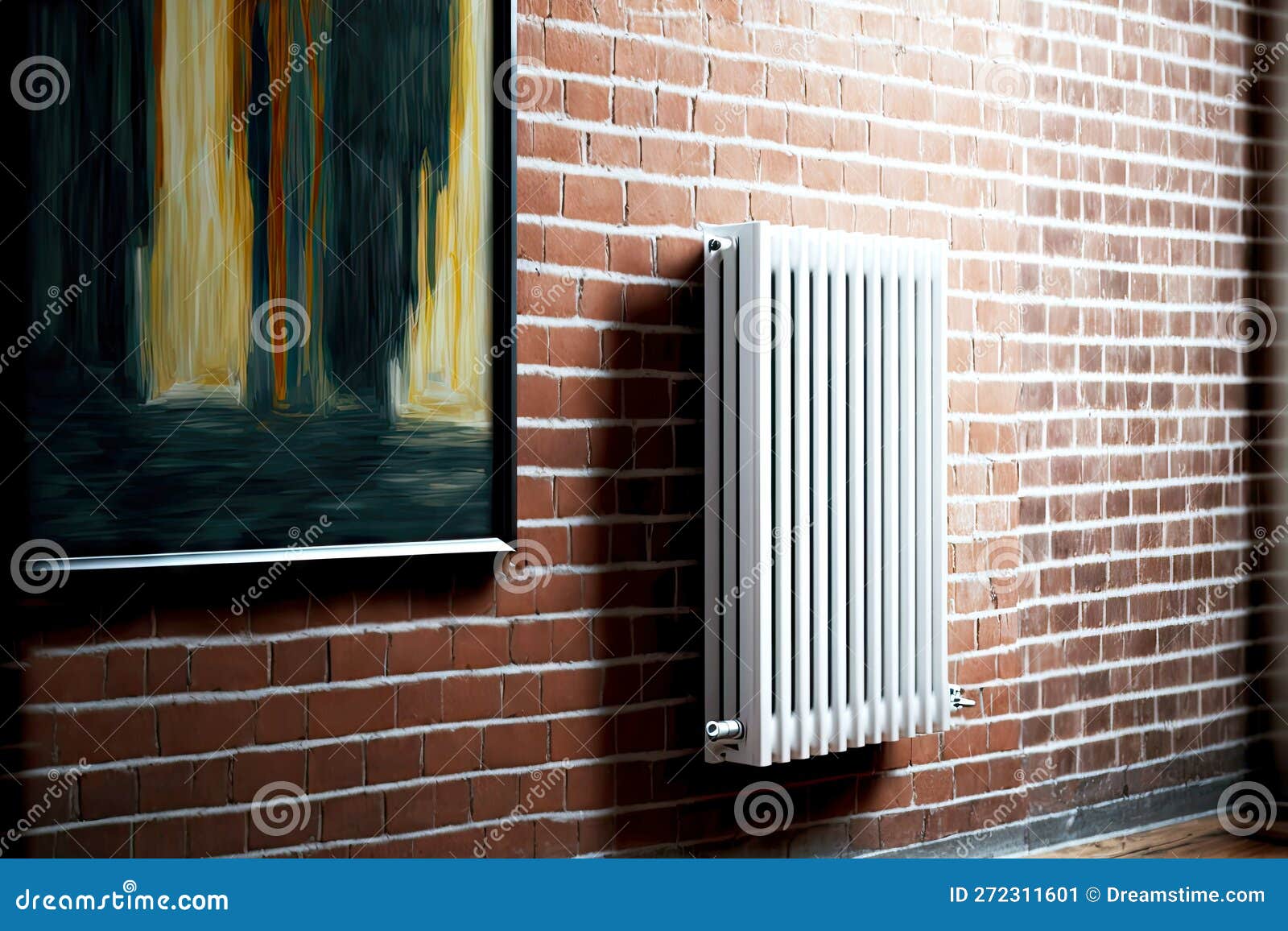High and Thin White Heating Radiator Installed on Brick Wall Stock ...