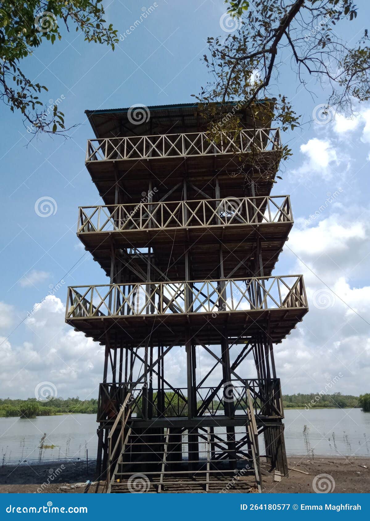 High Tower of Terraced Wooden Material on the Lake Stock Image - Image ...