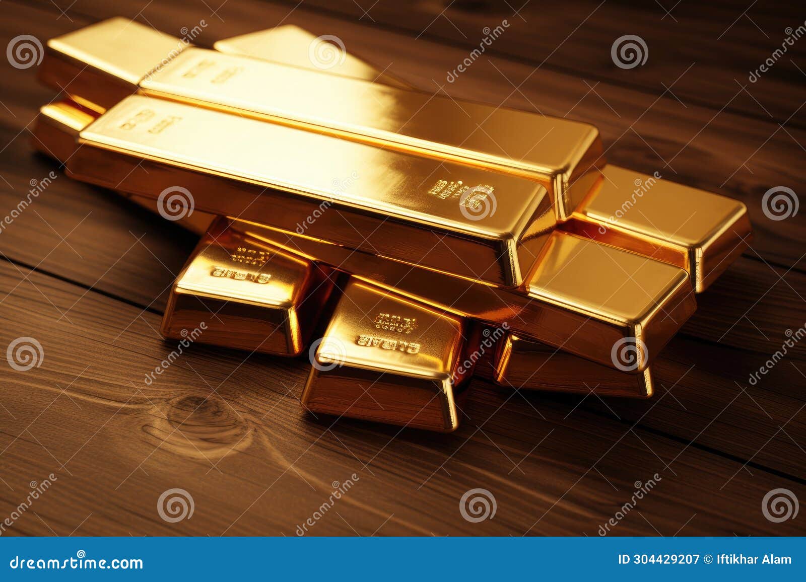 A High-value Display of Gold Bars Arranged in a Stack on a Solid Wooden ...