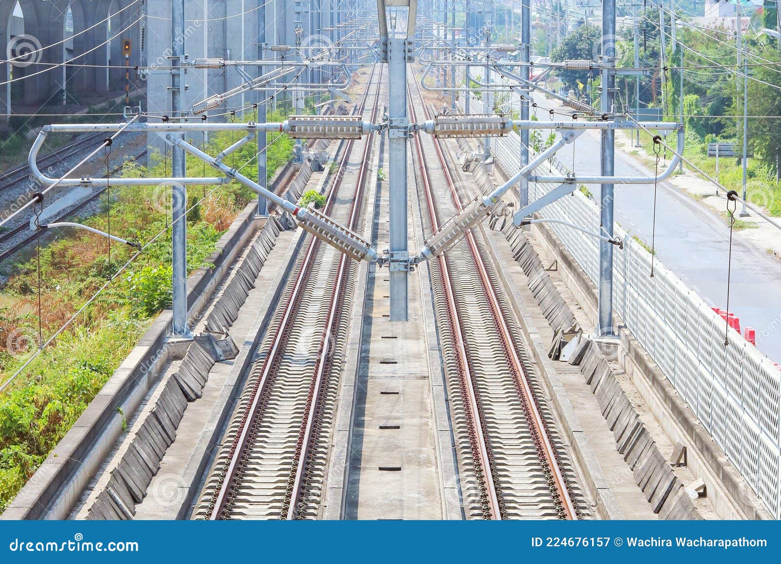 Railway Tracks with Electrification Pole Stock Image - Image of subway ...