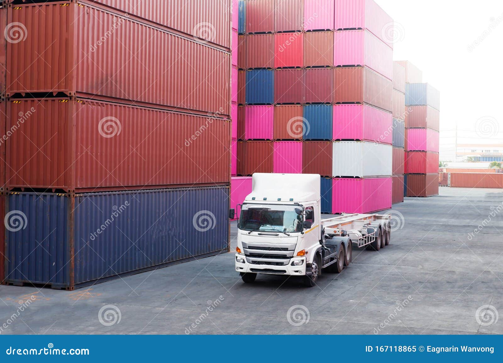 High View of the White Semi Truck with Container Stacks Stock Image ...