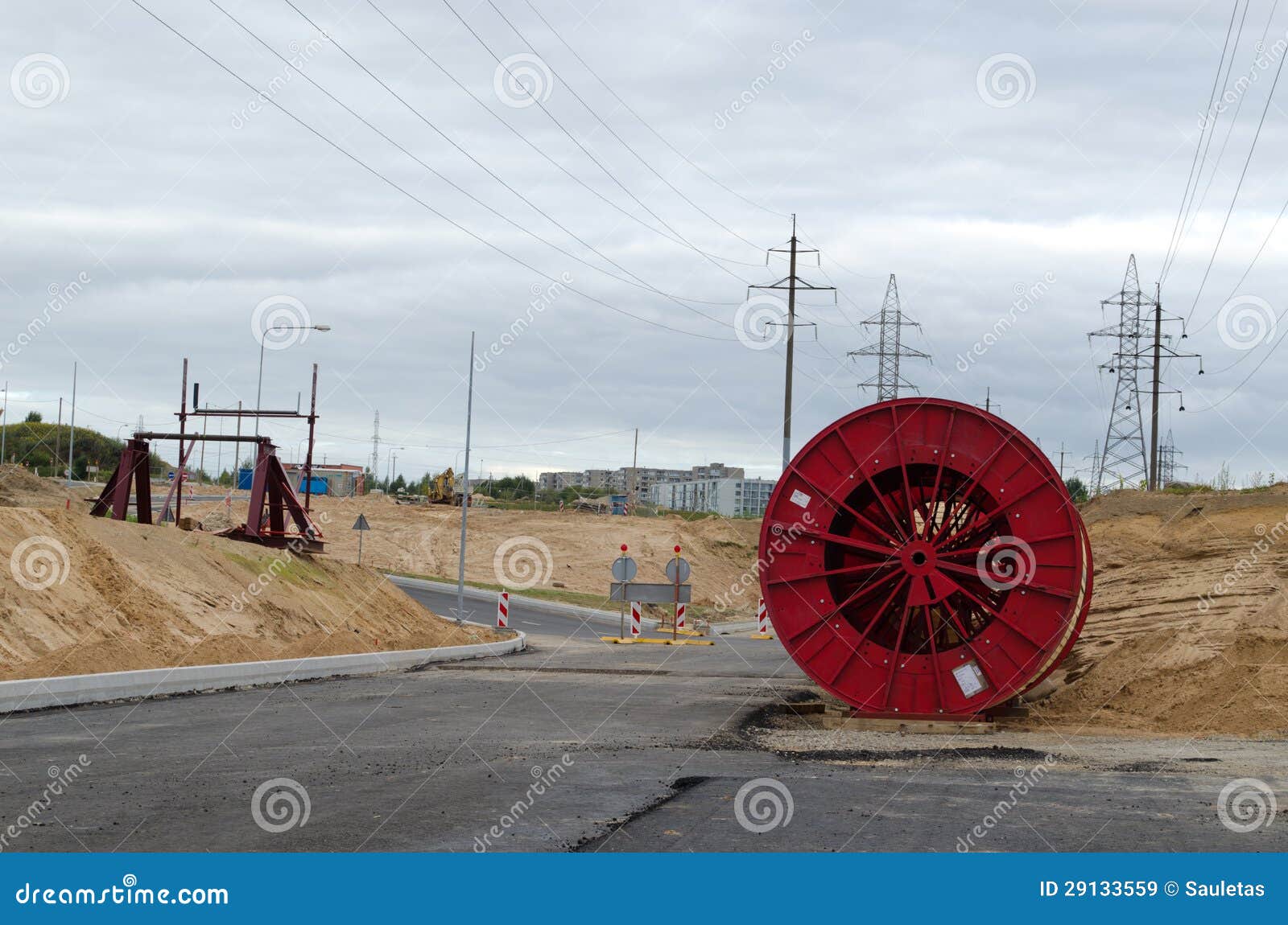 High Voltage Cable Reels Road Construction Stock Image - Image of pole ...