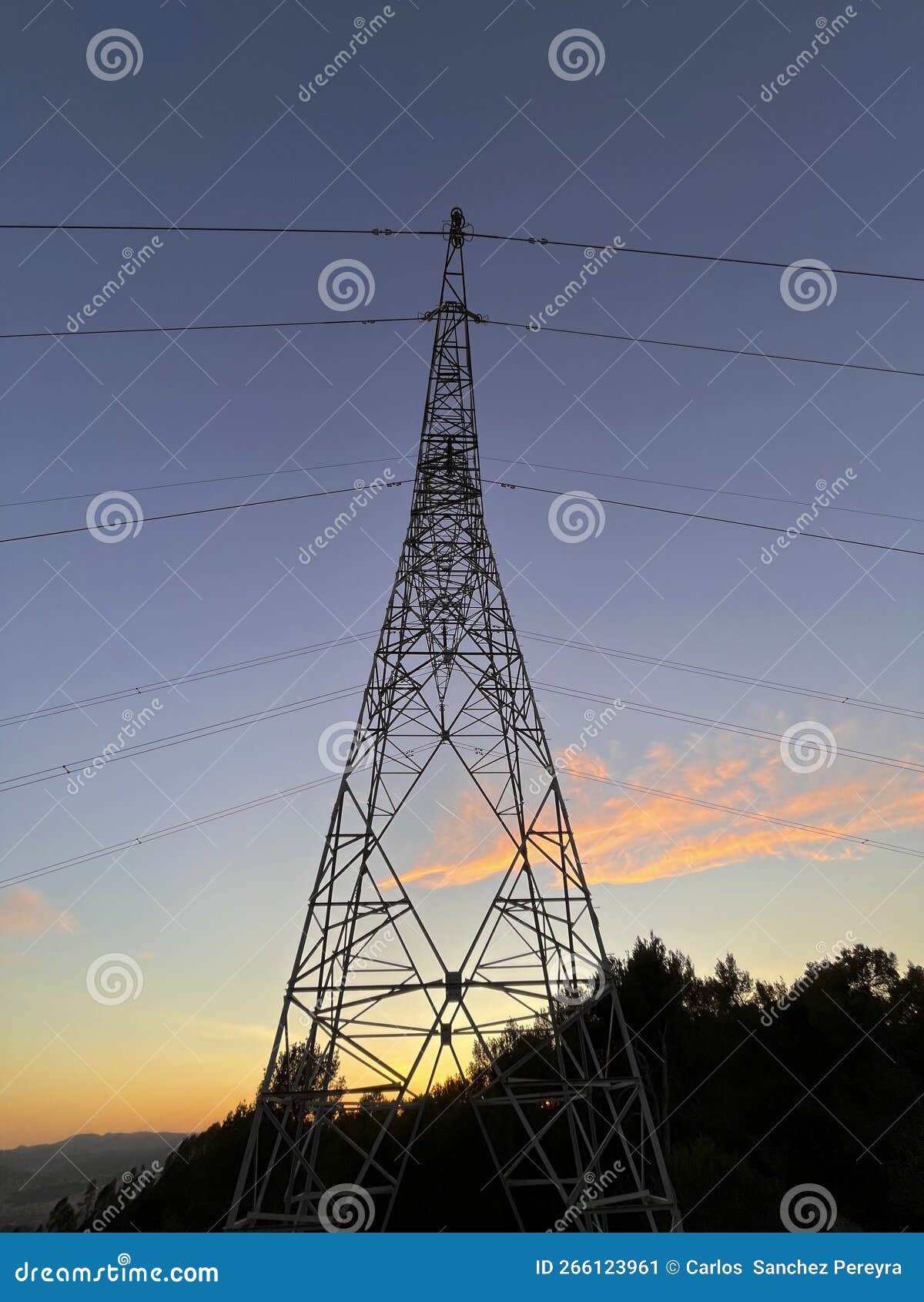 High Voltage Cable Tower during Sunset on a Mountain Stock Image ...