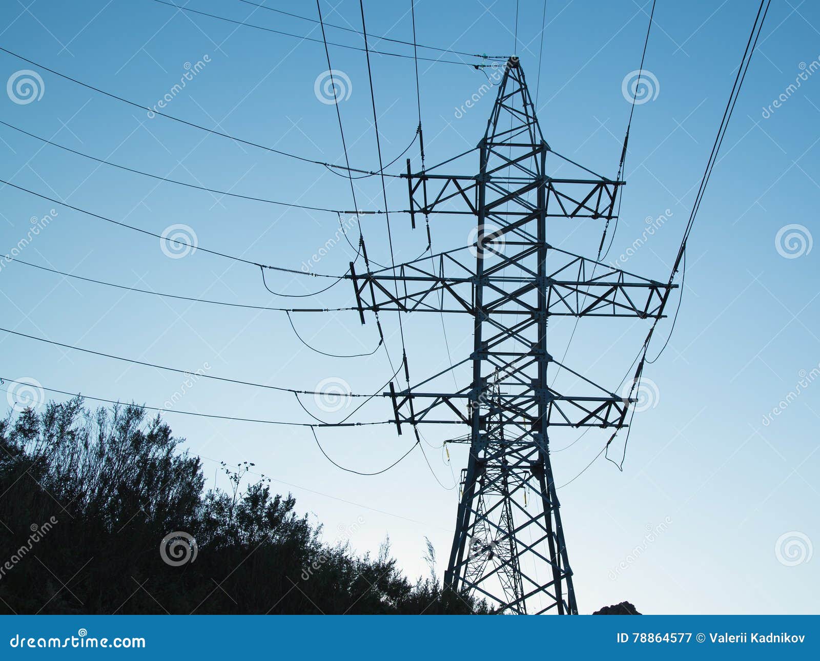 High-voltage a Column with Hanging Down Electricity Cables. Stock Image ...