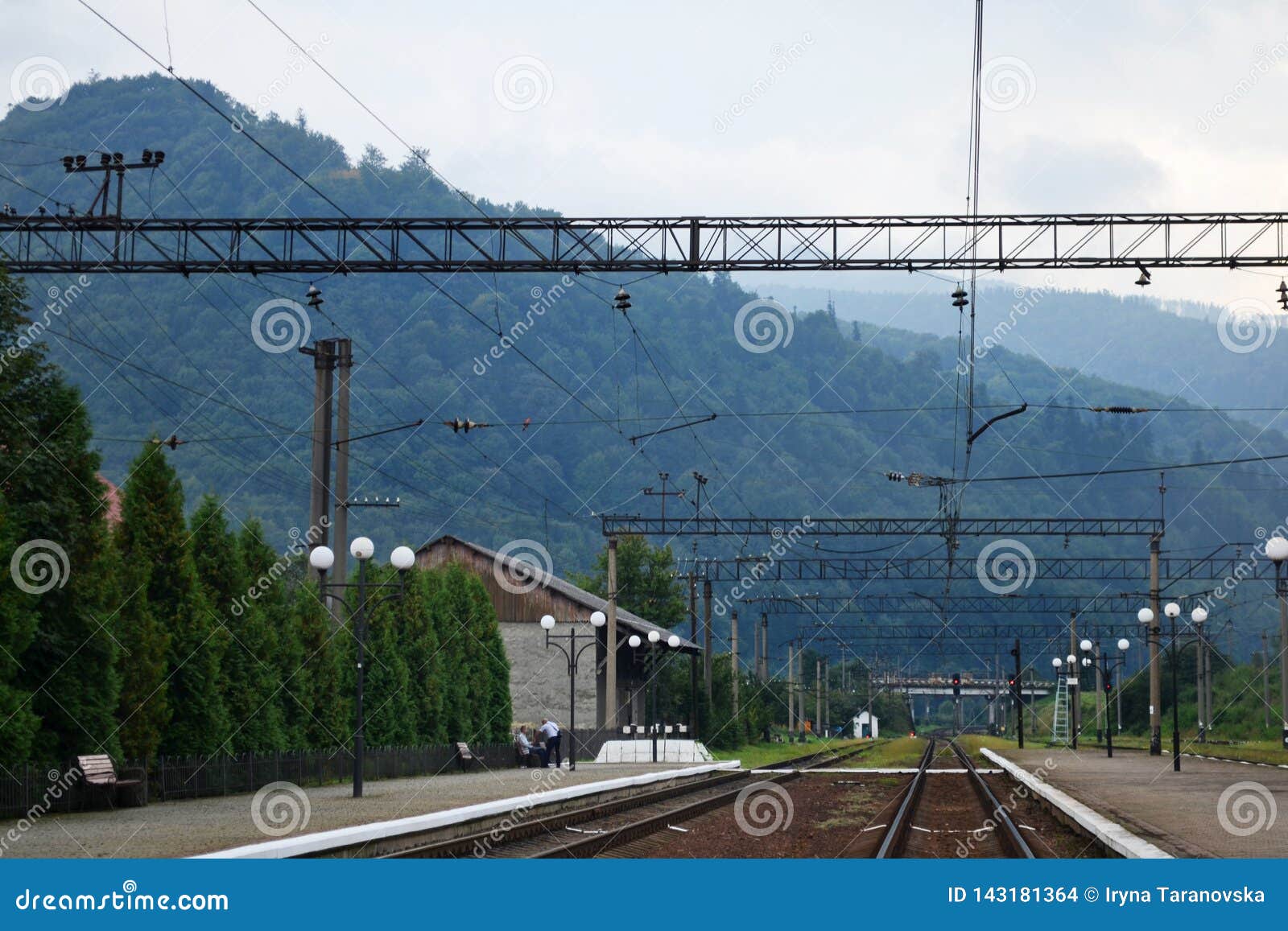 High Voltage Contact Line at the Railway Station in the Mountains Stock ...