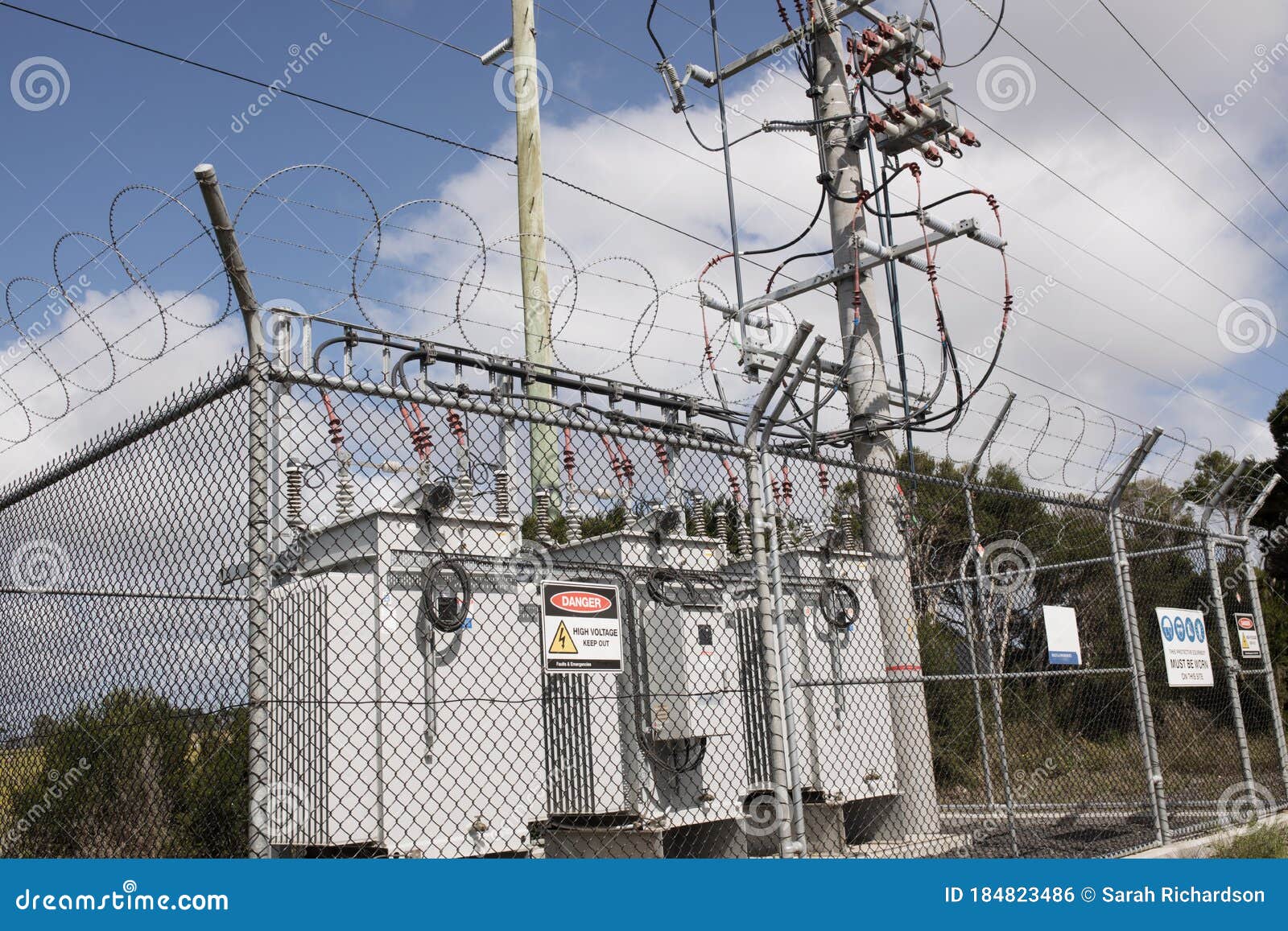 High Voltage Electicity Substation Surounded by Fence Stock Photo ...