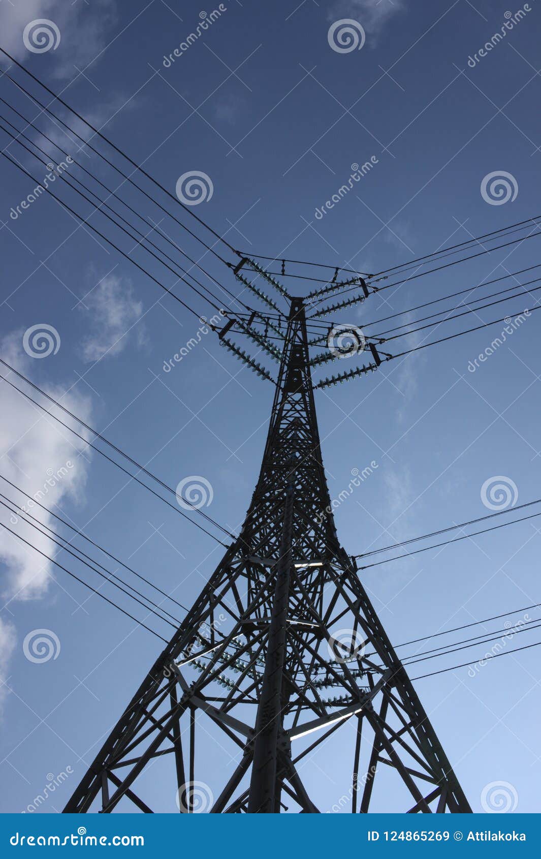 High-voltage Electric Cable Support Towering Towards the Blue Sky Stock ...