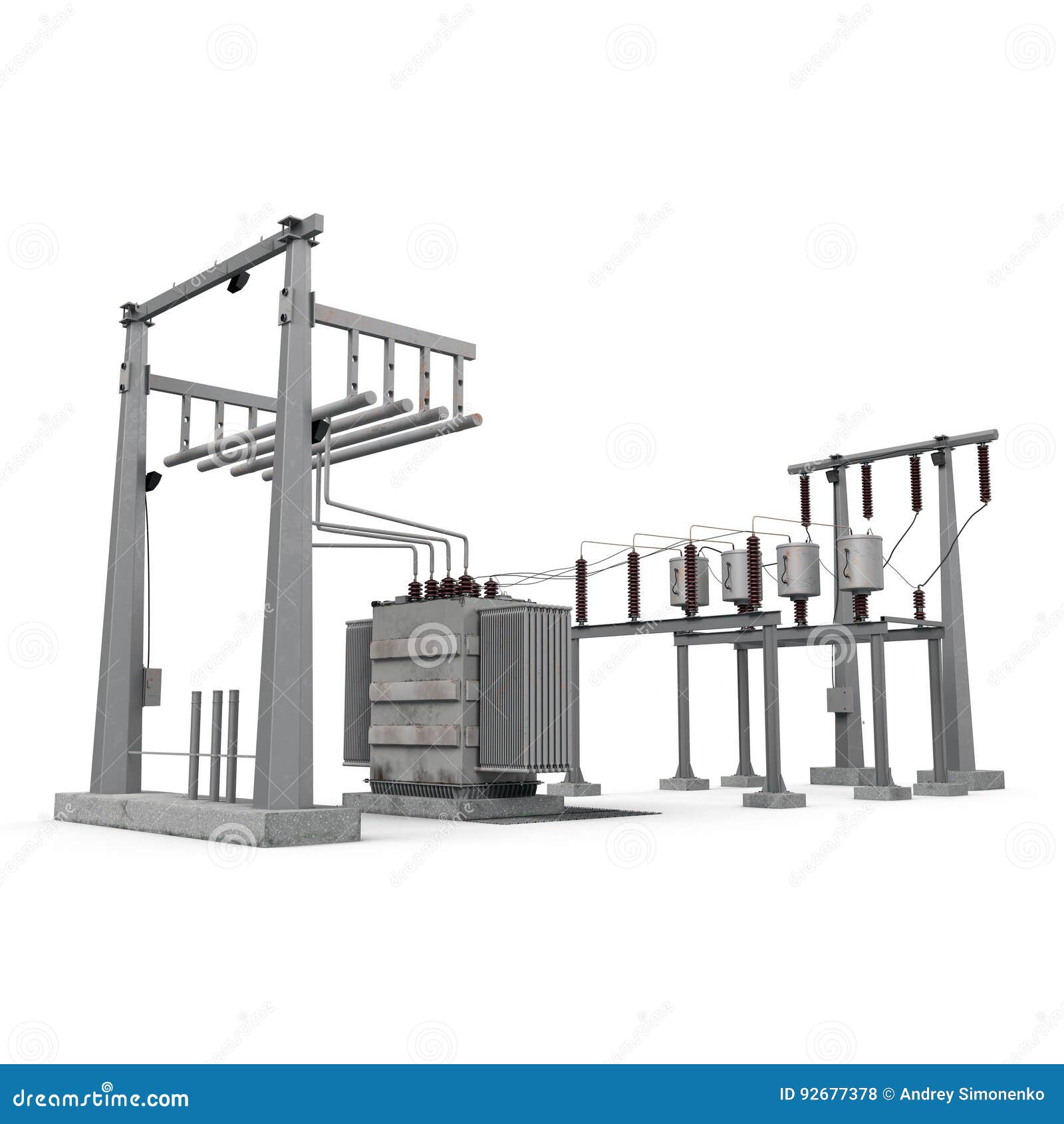 High Voltage Electric Power Substation on White. 3D Illustration Stock ...