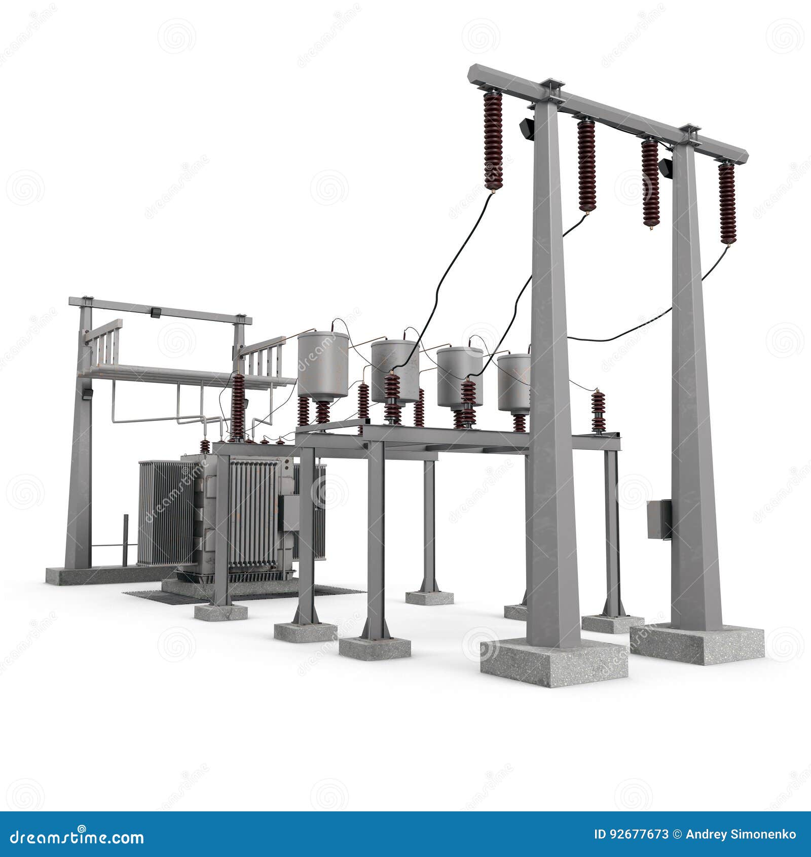 High Voltage Electric Power Substation On White. 3D Illustration ...