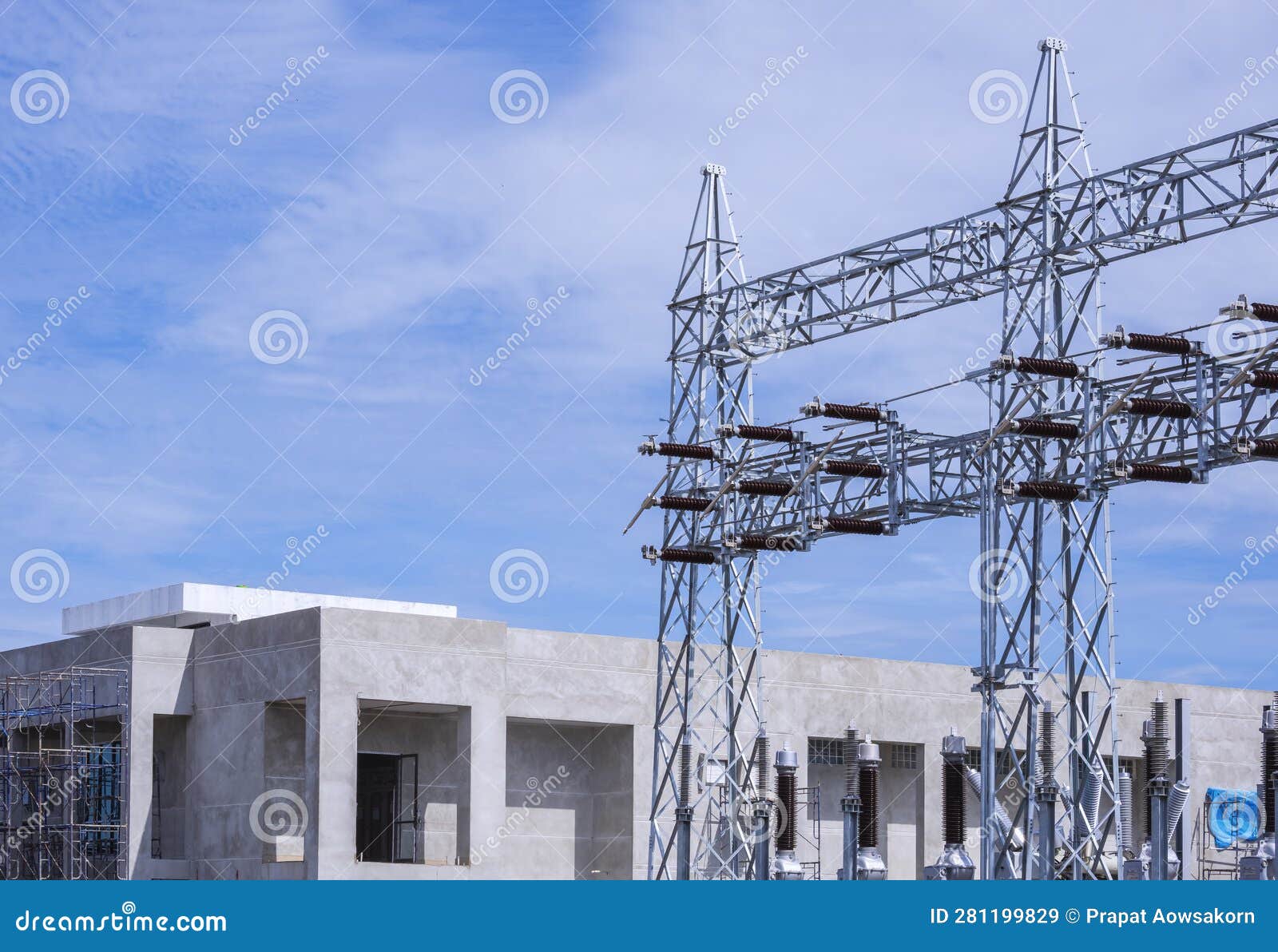High Voltage Electric Pylon Structure with Power Distribution Building ...