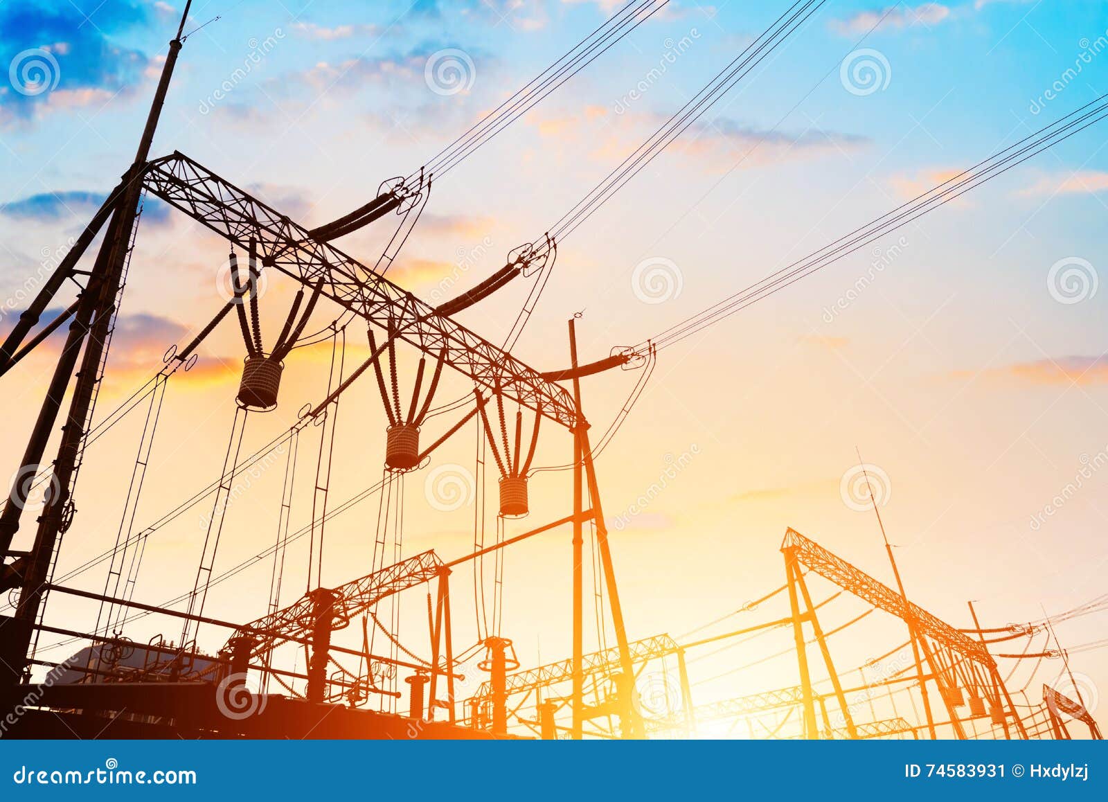 High Voltage Electric Substation in the Sunset Stock Image - Image of ...